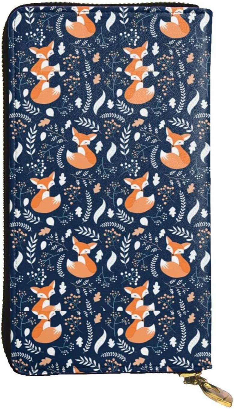 Women Zip Around Long Purse Fox Sleepy Foxes Navy Printed Credit Card Holder Wallet
