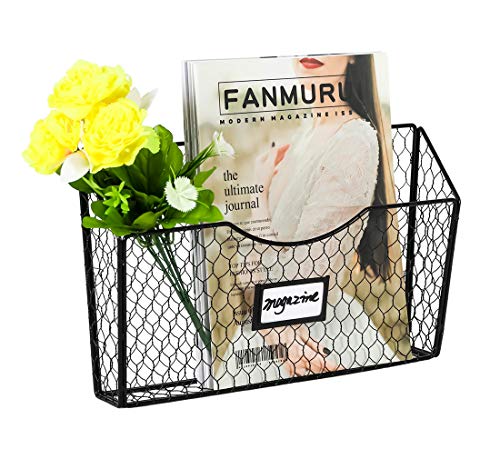 PAG 3 Pockets Hanging File Holder Wall Mount Mail Organizer Metal Chicken Wire Magazine Rack with Tag Slot, Black