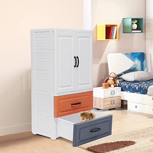 Plastic Drawers Dresser Rolling Plastic Storage Dresser Storage Cabinet on Wheels with 2 Large Drawers and Top 1 Large Cabinet (22.4"L x 15.7"D x 43.3"H)