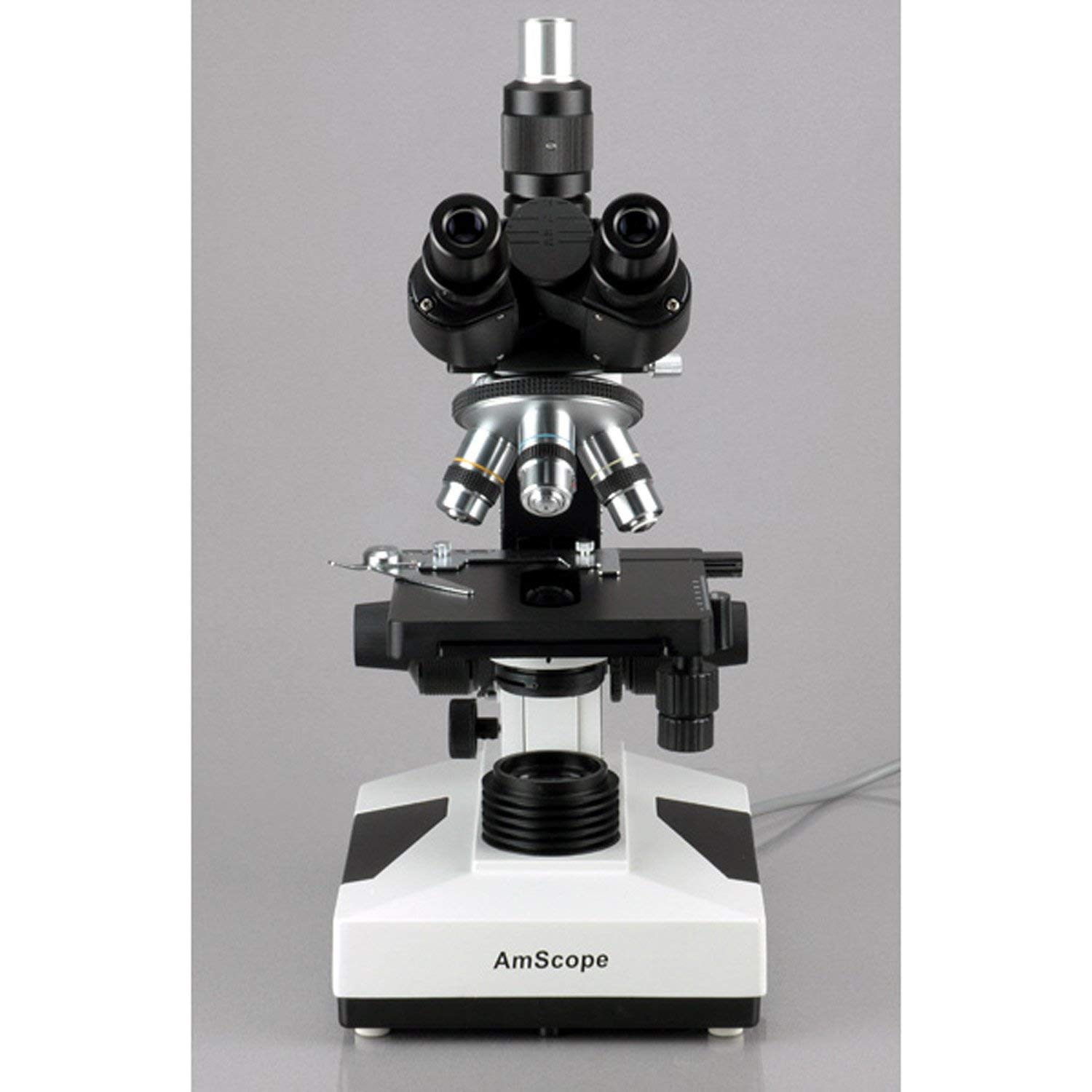 AmScope T490A Compound Trinocular Microscope, WF10x and WF16x Eyepieces, 40X-1600X Magnification, Brightfield, Halogen Illumination, Abbe Condenser, Double-Layer Mechanical Stage, Sliding Head, High-Resolution Optics