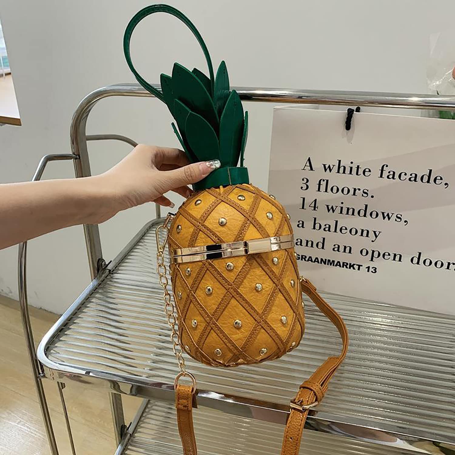 OXYPLAY 3D Pineapple Bucket Purse for Women,Trendy Chain Messenger Crossbody Bag with Rivet, Tropical Hawaiian Party Shoulder Handbag (Yellow)