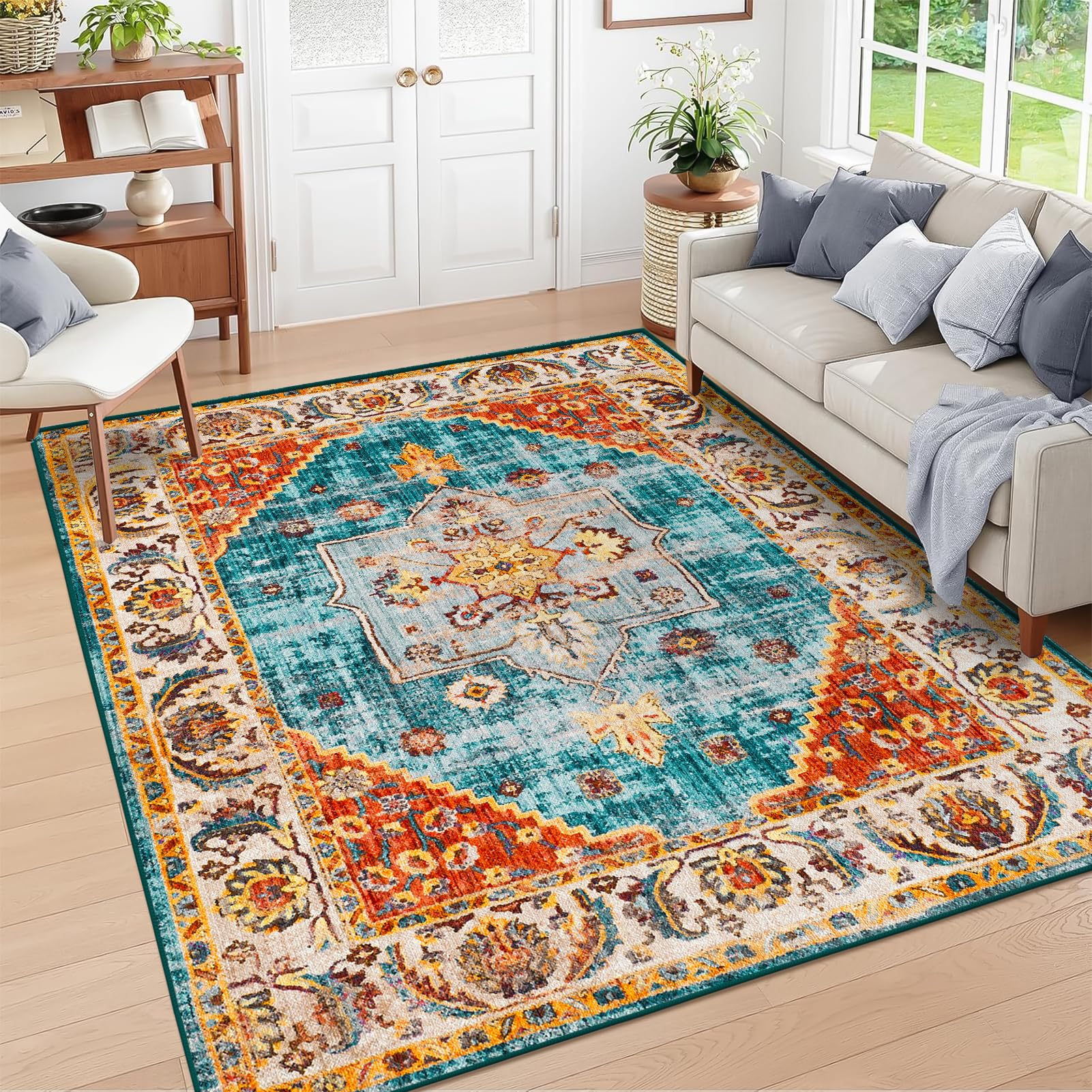 INGEROOM Washable Area Rugs for Living Room Vintage Large Area Rug 5×7 Boho Rug Non-Slip Carpet Machine Washable Area Rugs for Bedroom and Kitchen Made of Faux Wool Ruggable Rugs