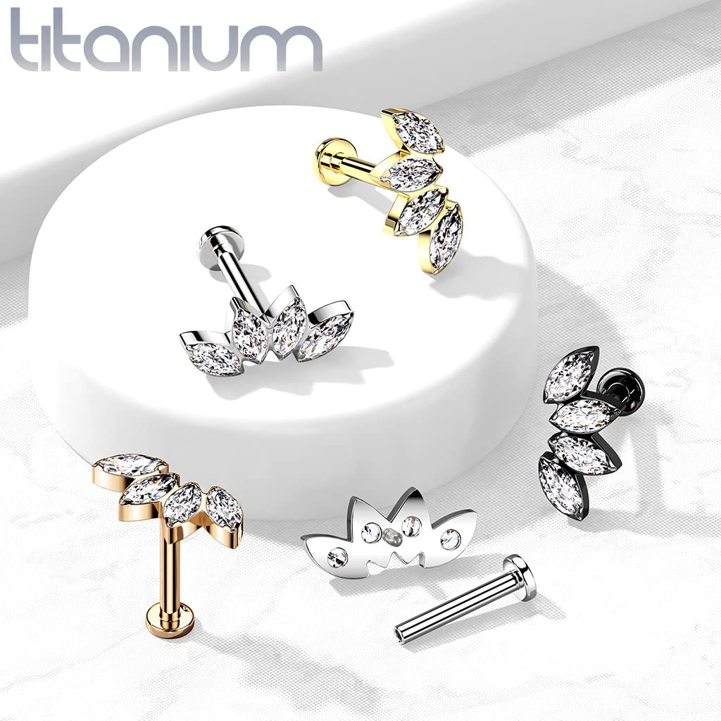 Dynamique Implant Grade Titanium Internally Threaded 4 Marquise CZ Fan Labret, Flat Back Studs for Ear Cartialge, Chin and More (Sold Per Piece)