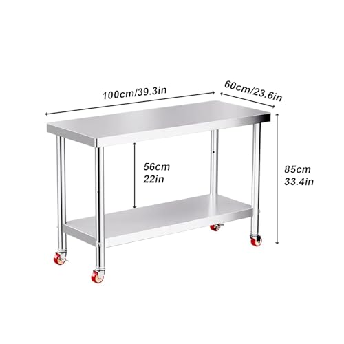 Stainless Steel Work Table with Wheels, Food Prep Work Table with Adjustable Under Shelf for Restaurant Home Outdoor(100x60cm/39.3x23.6in)