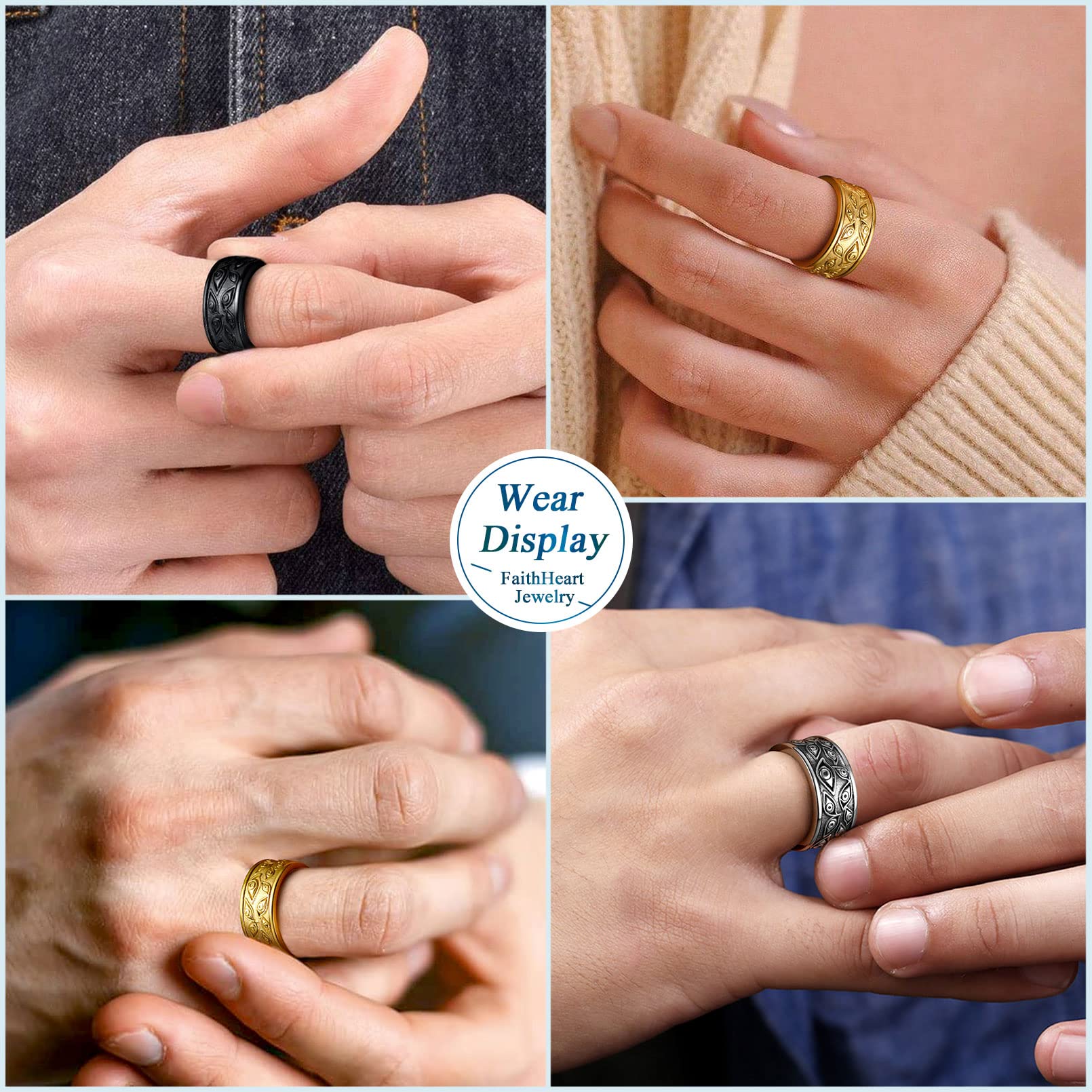 Personalized Custom Antique Eye of God Band Thumb Rings, Black Punk Pinky Ring for Male, Women Spinner Stackable Finger Acccessories
