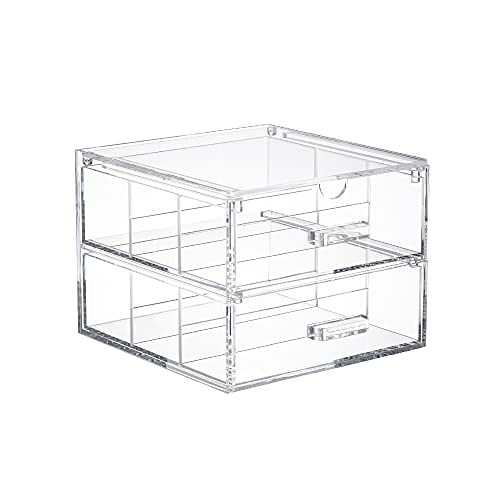 TIDYENDURE Clear Acrylic 2-Drawer Compact Storage Organization Drawers Set Sunglasses Supplies, Used in Bathroom, Dorm, Desk, Countertop, Office 7.24”x7.56”x5.6” (Transparent)