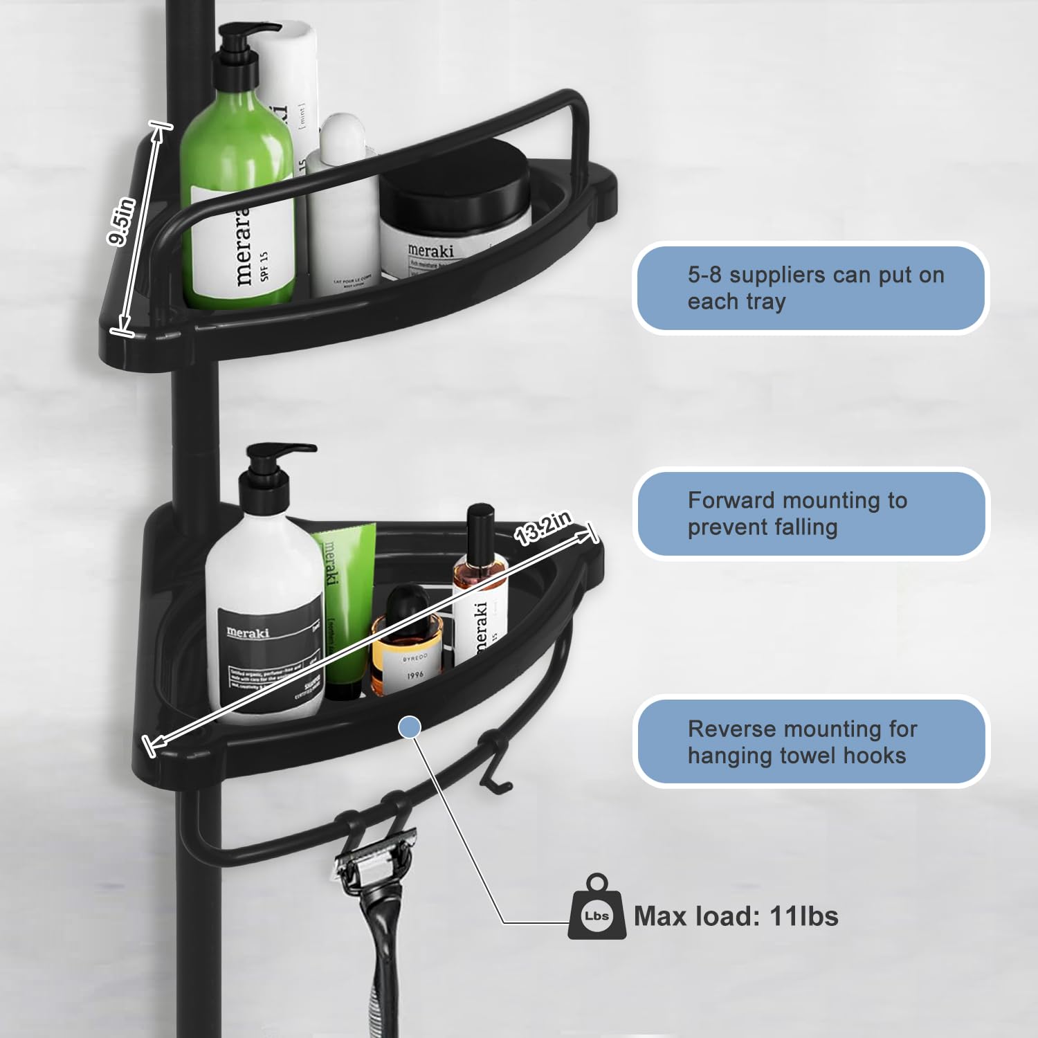 H-A Strong Shower Storage Caddy,SturdyTension Corner Pole Caddy,Commercial Grade Rustproof Bathroom Bathtub Adjustable Corner Rack (Black)