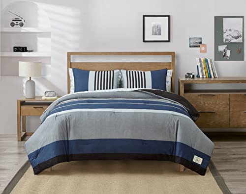 Nautica Comforter Set Cotton Reversible Bedding with Matching Shams, Home Decor for All Seasons, 3 pcs, Queen, Rendon Charcoal/Navy/White