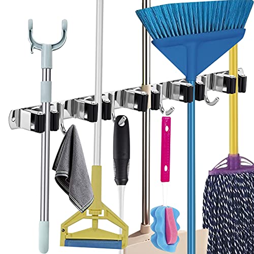 Mop Broom Holder Wall Mounted,Heavy Duty Mop and Broom Wall Mount Stainless Steel with 5 Racks 4 Hooks for Laundry Room, Home, Garage, and 1 hook Separated included ļ¼Blackļ¼