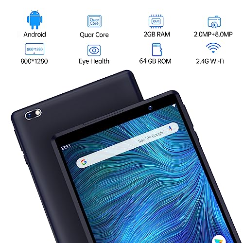 PRITOM Android Tablet 8 inch Android Tablet, 2GB RAM, 64GB ROM, Quad Core, HD IPS Screen, 8.0 MP Rear Camera, Wi-Fi, Bluetooth, Tablet PC, Black
