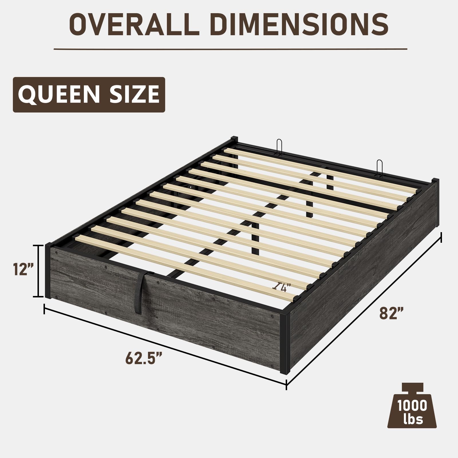 LUXOAK Queen Size Lift Up Storage Platform Bed Frame, Metal Bed Frame with Wooden Slats Support, No Box Spring Needed, Large Storage Space, Noise Free, Easy Assembly, Rustic Brown