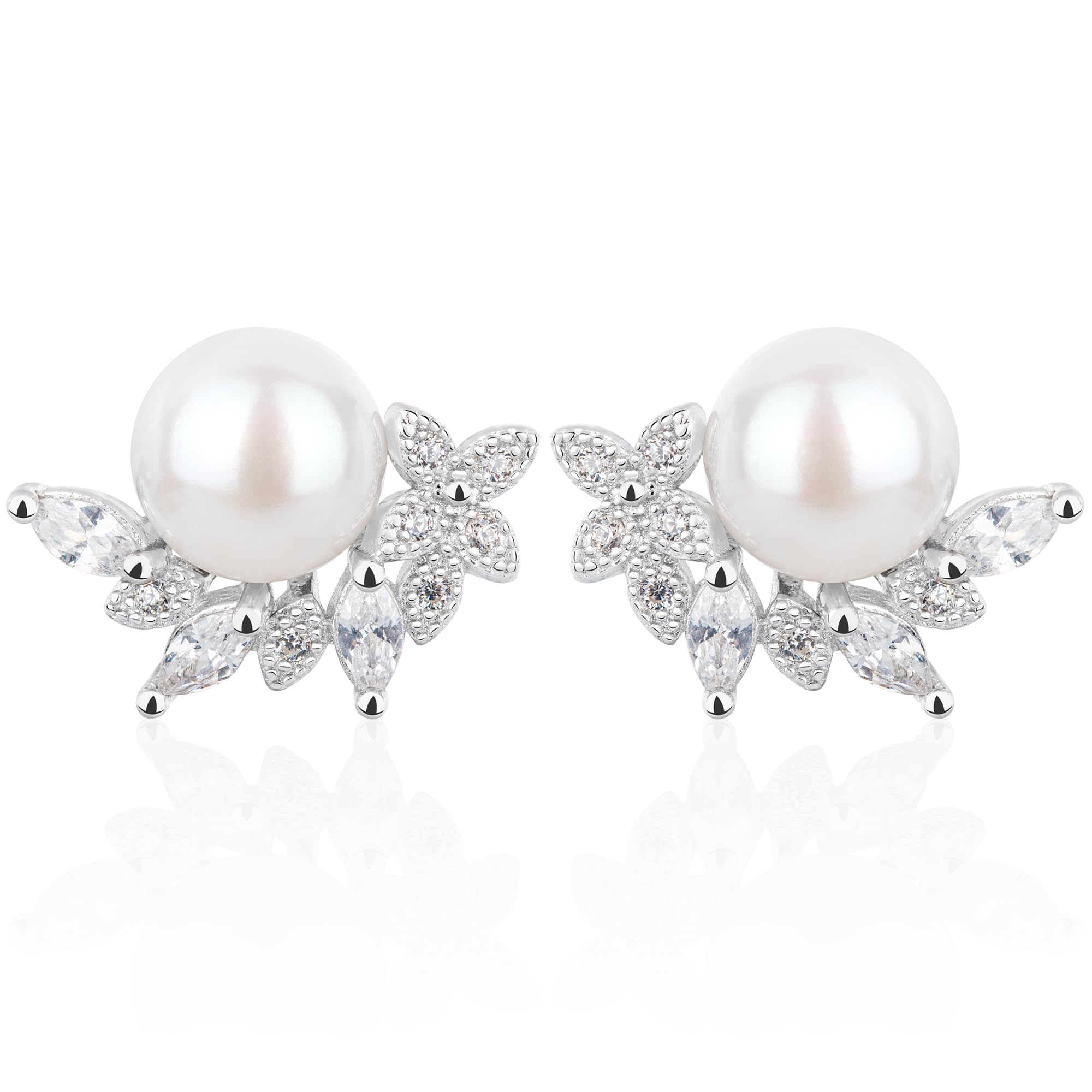 Pearlsays Natural Pearl Earrings for Women 925 Sterling Silver Cubic Zirconia Earrings Jewelry for Women AAAA Quality Real White Freshwater Pearl from The Pearls Source (8.00, Natural Pearl Zirconia