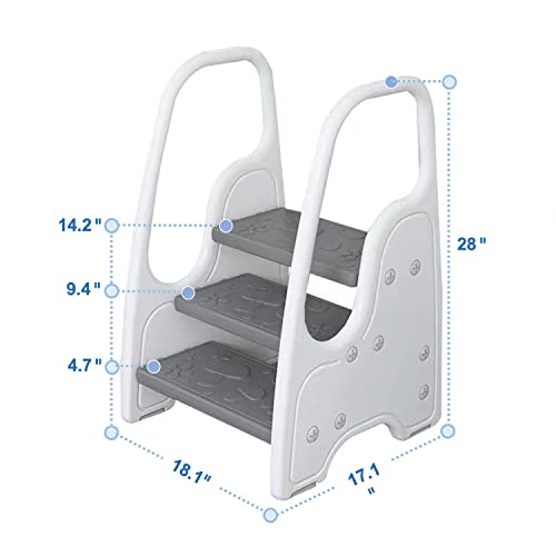 Toddler 3 Step Stool Standing Tower for Kids Plastic Learning Helper Stool for Kitchen Counter Book Shelf Bathroom Sink Toilet Potty Training with Handles(Gray)