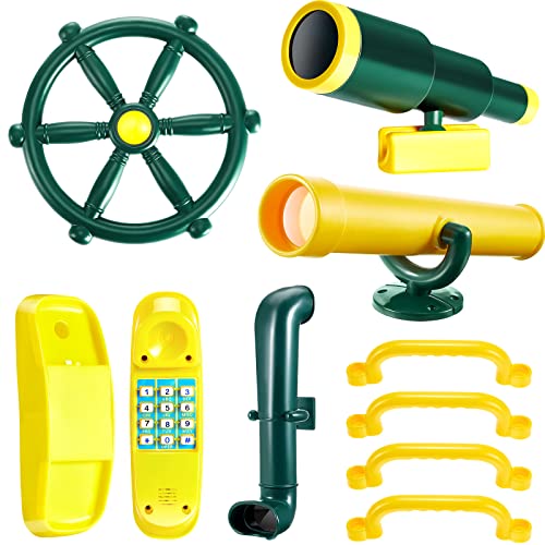 Playground Accessories Swing Set Pirate Plastic Playground Equipment Set with Plastic Wheel, Telescope, Periscope, Telephone, Safety Handle Bars for Outdoor Playhouse Treehouse (Yellow, Green)