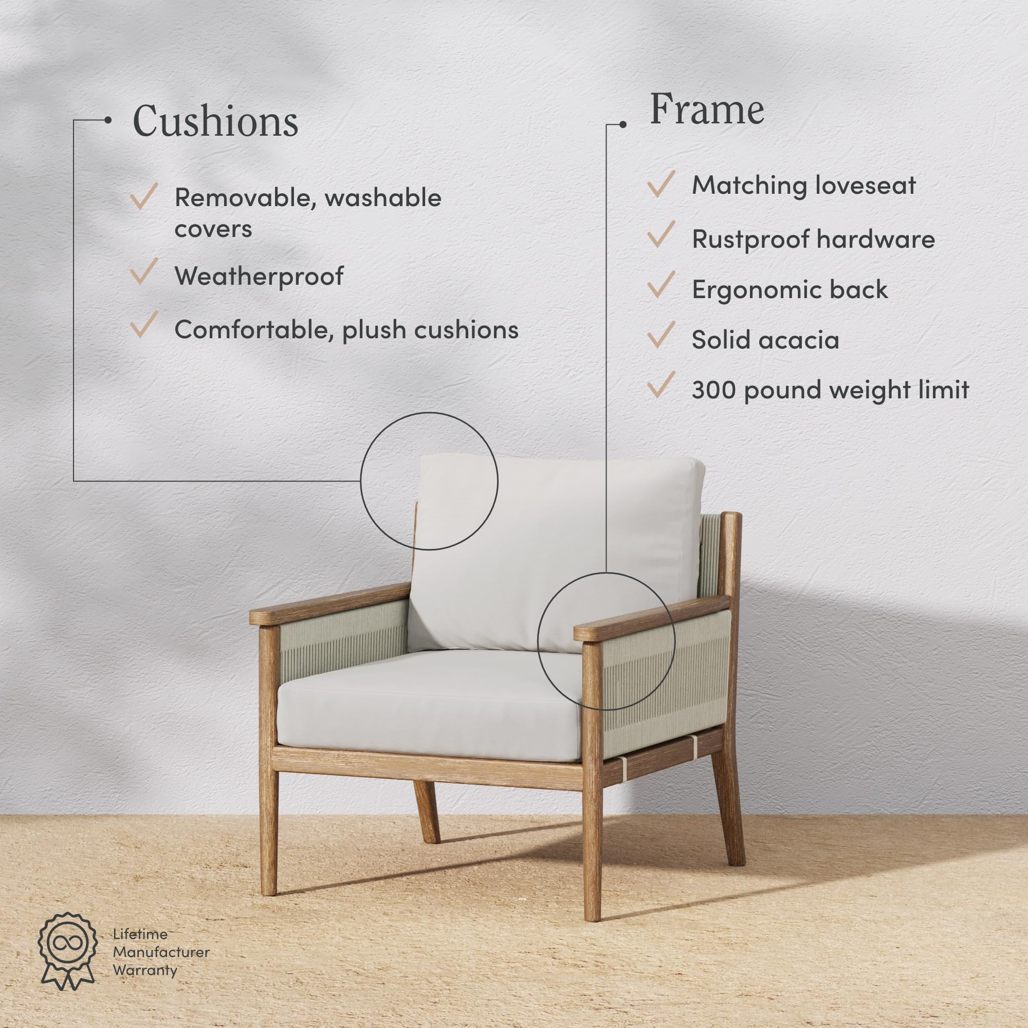 Nathan James Kayden Bohemian Wooden Upholstered Armchair, Outdoor Lounge Chair with Removable Cushion Covers and Solid Acacia Wood Frame, Light Brown
