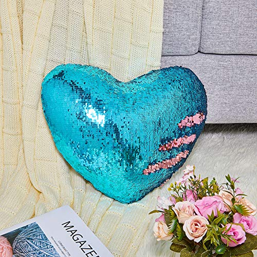 Play Tailor Sequin Heart Pillow with Insert Heart Shaped Reversible Sequins Pillows Decorative Cushion (13" X 15",Bright Green+Pink)