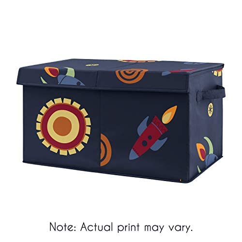 Sweet Jojo Designs Space Galaxy Planets Boy Small Fabric Toy Bin Storage Box Chest For Baby Nursery or Kids Room - Navy Blue Star and Moon Rocket Ship