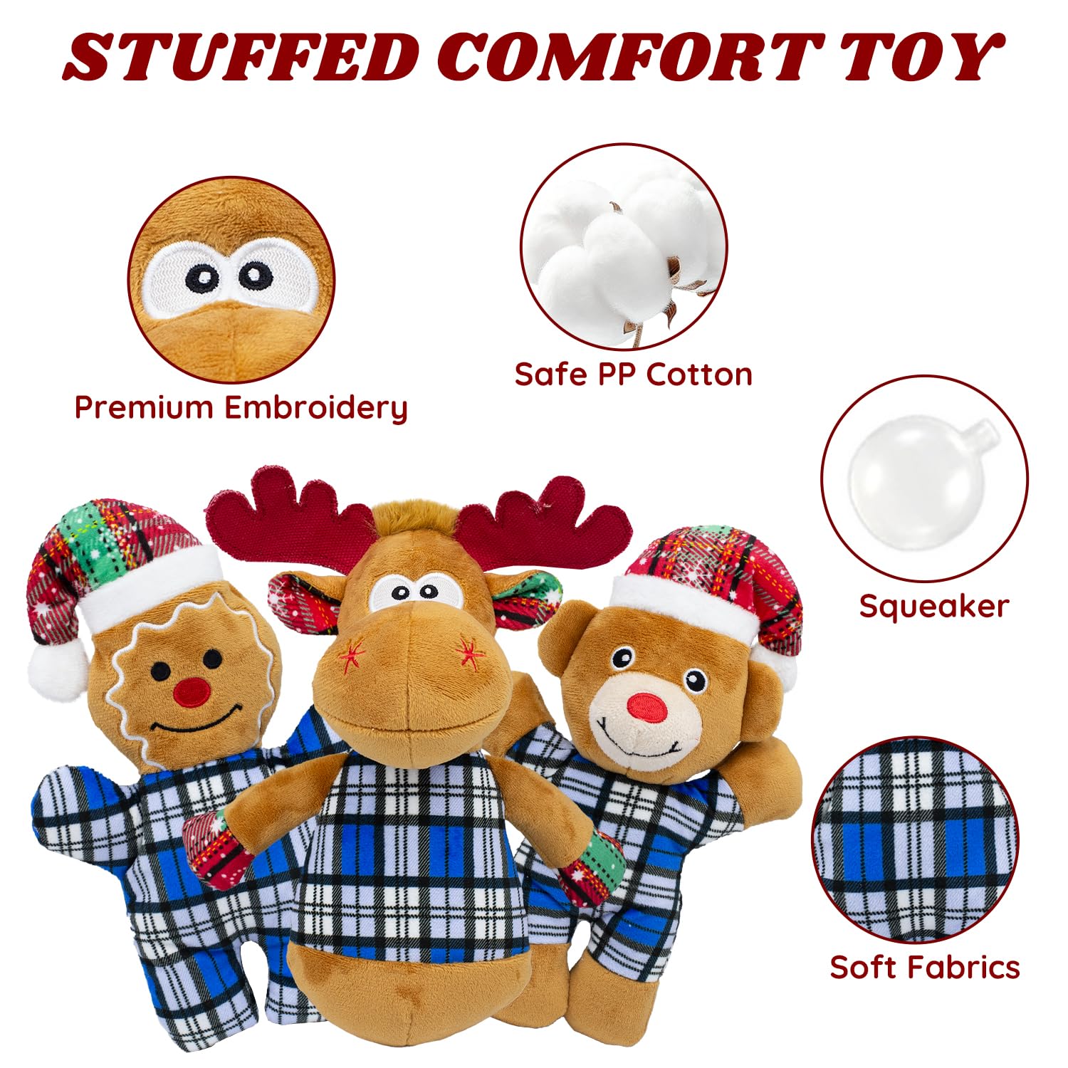 CneeeeeB 5pack Christmas Stuffed Plush Dog Interactive Dog Chew Toys for Small & Medium Dogs Durable Cute Animal Shape Squeaky for Puppy