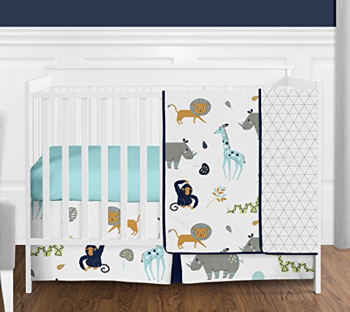 Sweet Jojo Designs Safari Animals Foldable Fabric Storage Cube Bins Boxes Organizer Toys Kids Baby Childrens - Set of 2 - Turquoise and Navy Blue Mod Jungle Lion Monkey Giraffe
