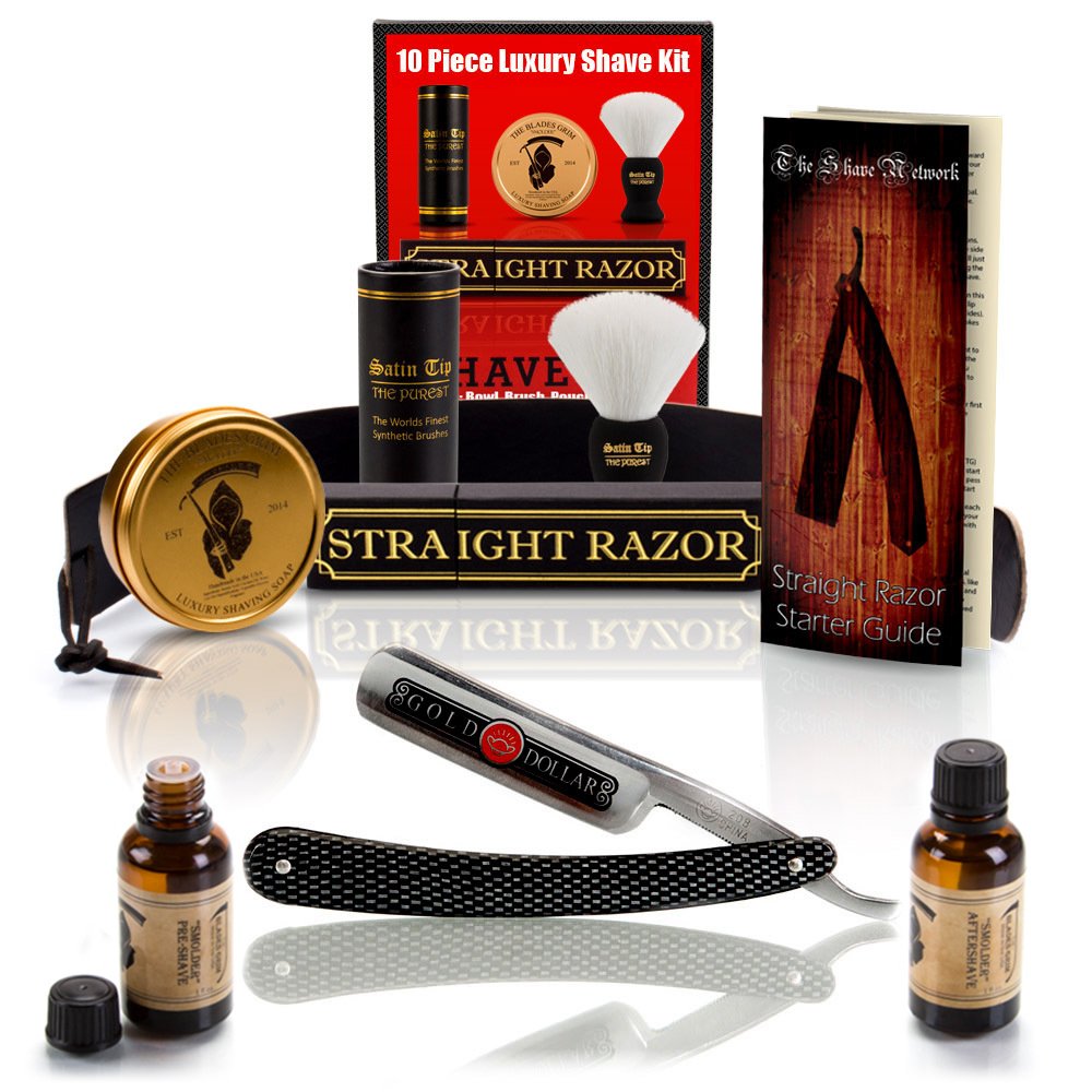 The Shave Network Shave Ready 10 Piece Set Shaving Straight Razor 6/8 - Gold, Classic - Plastic Handle - Unisex - Black, Silver - Sensitive Skin - Men