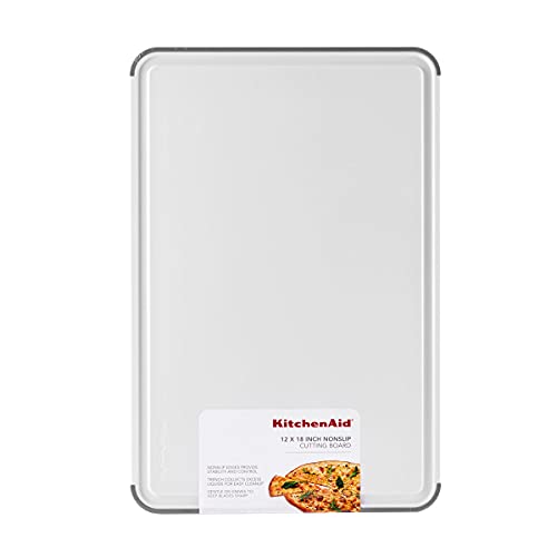 KitchenAid Classic Plastic Cutting Board with Perimeter Trench and Non Slip Edges, Dishwasher Safe, 12 inch x 18 inch, White and Gray