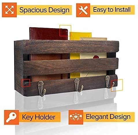 Rustic Mail Holder Wall Mount ~ Key and Mail Organizer for Wall Decorative with 3 Key Hooks ~ Key Hanger for Wall, Entryway, Bathroom, Living Room, Kitchen (Brown)