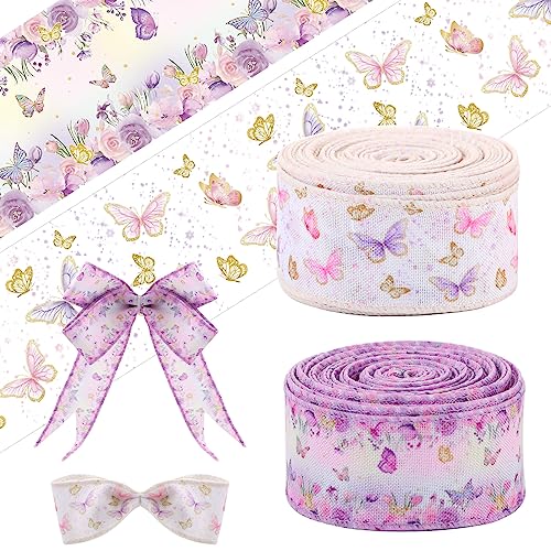 Tigeen 2 Rolls 20 Yards Butterfly Baby Shower Ribbon 1.5 Inch Wired Edge Ribbons Watercolor Purple Butterfly Floral Theme Burlap Ribbon for Gift Wrapping Bow Diaper Cake Birthday Party Decor DIY Craft