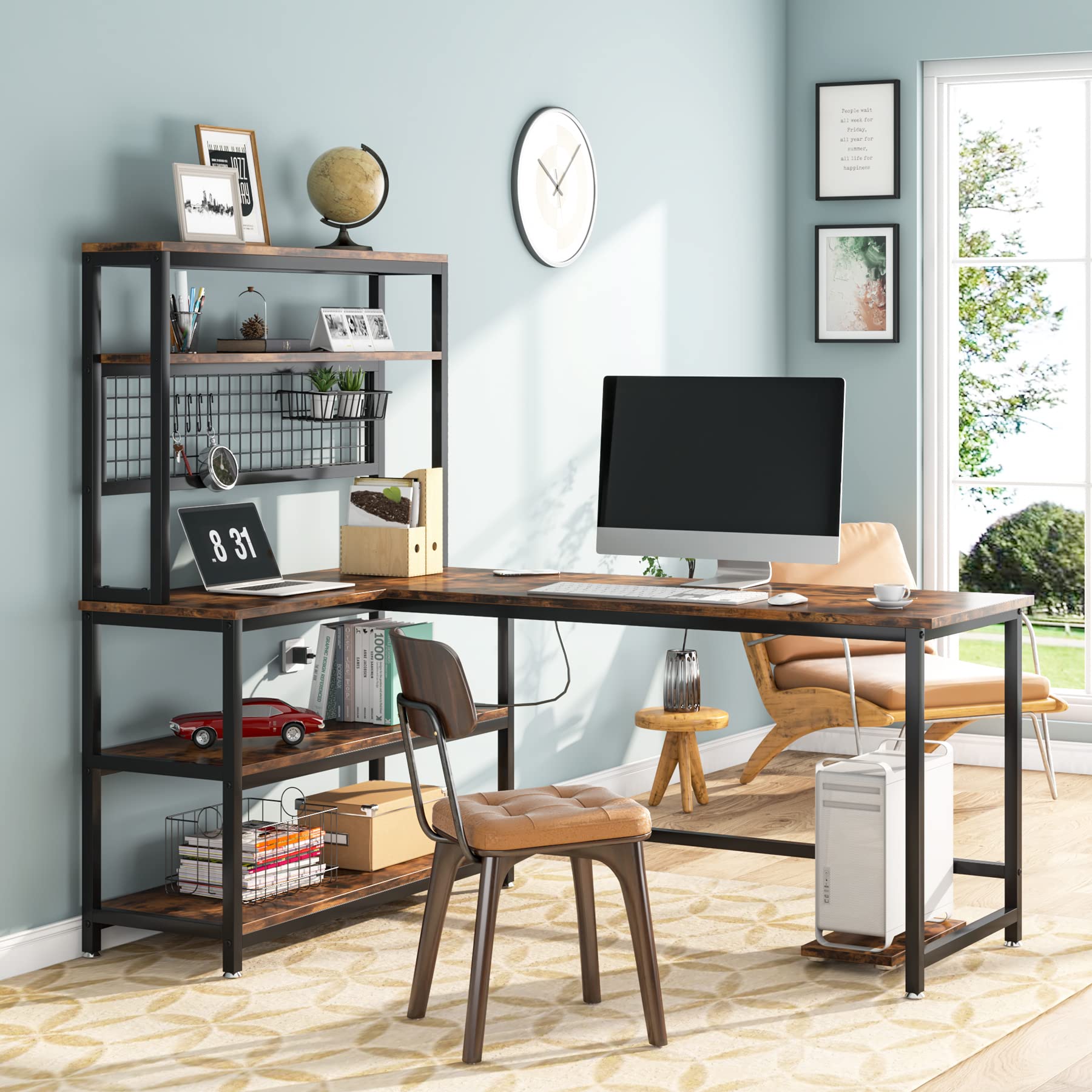 Tribesigns 55" Large Computer Desk with Wireless Charging 5 Storage Shelves, Office Desk Study Table Writing Desk Workstation with Hutch Bookshelf for Home Office (Brown)