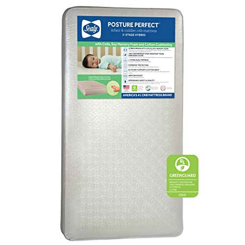 Sealy Posture Perfect 2-Stage Waterproof Baby Crib and Toddler Mattress - Hybrid Memory Foam & 150 Premium Coils - Made in USA, 52"x28"