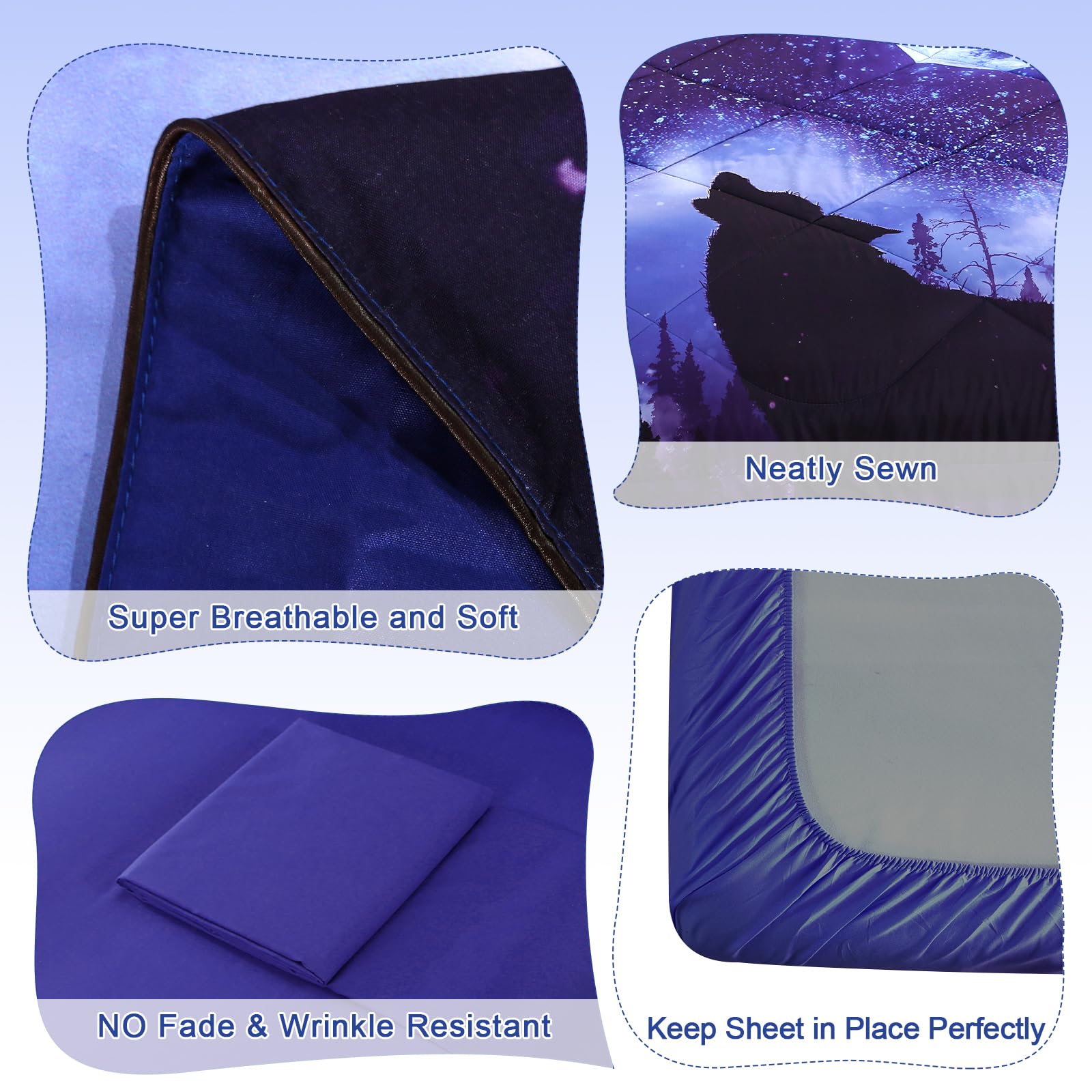 Wowelife Wolf Comforter Set Bedding Set Twin Blue 5 Pieces Forest Bedding Set Wolf Bed Set Twin Kids Bed in a Bag for Boys and Girls with Sheet Sets, Super Breathable Soft