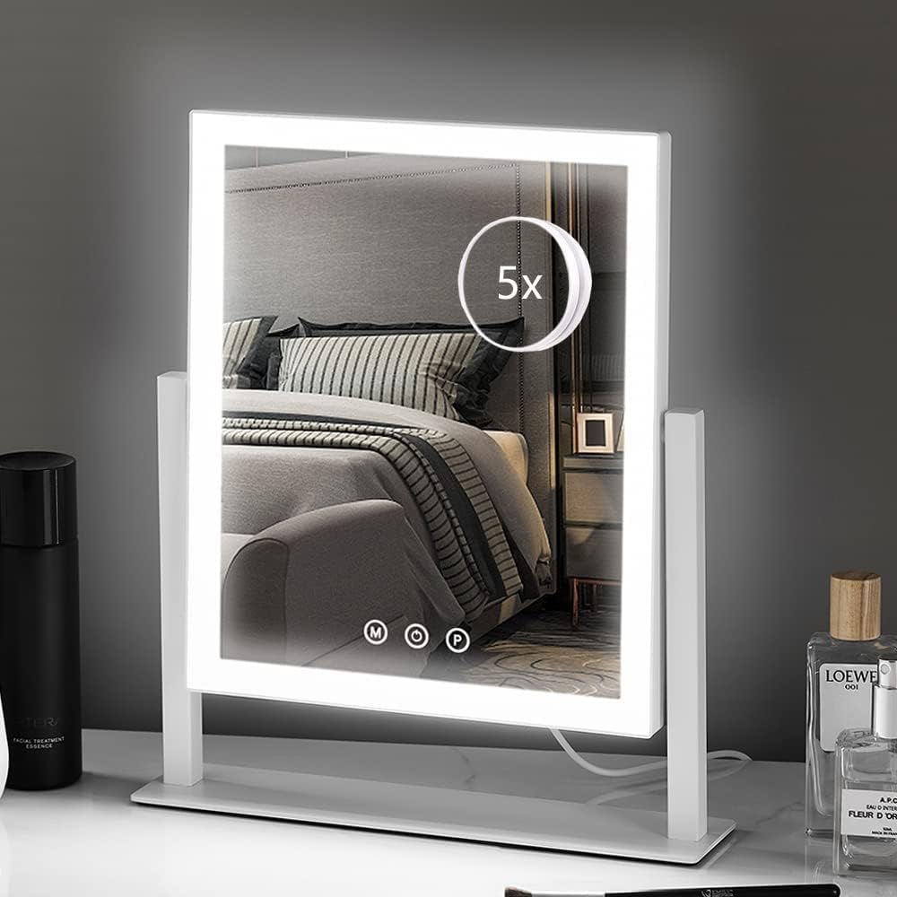 HIEEY Lighted Makeup Mirror, Hollywood Vanity Mirror with Lights, Three Color Lighting Modes, and 5X Magnification Mirror, Smart Touch Control, 360°Rotation (White,Gift Box)