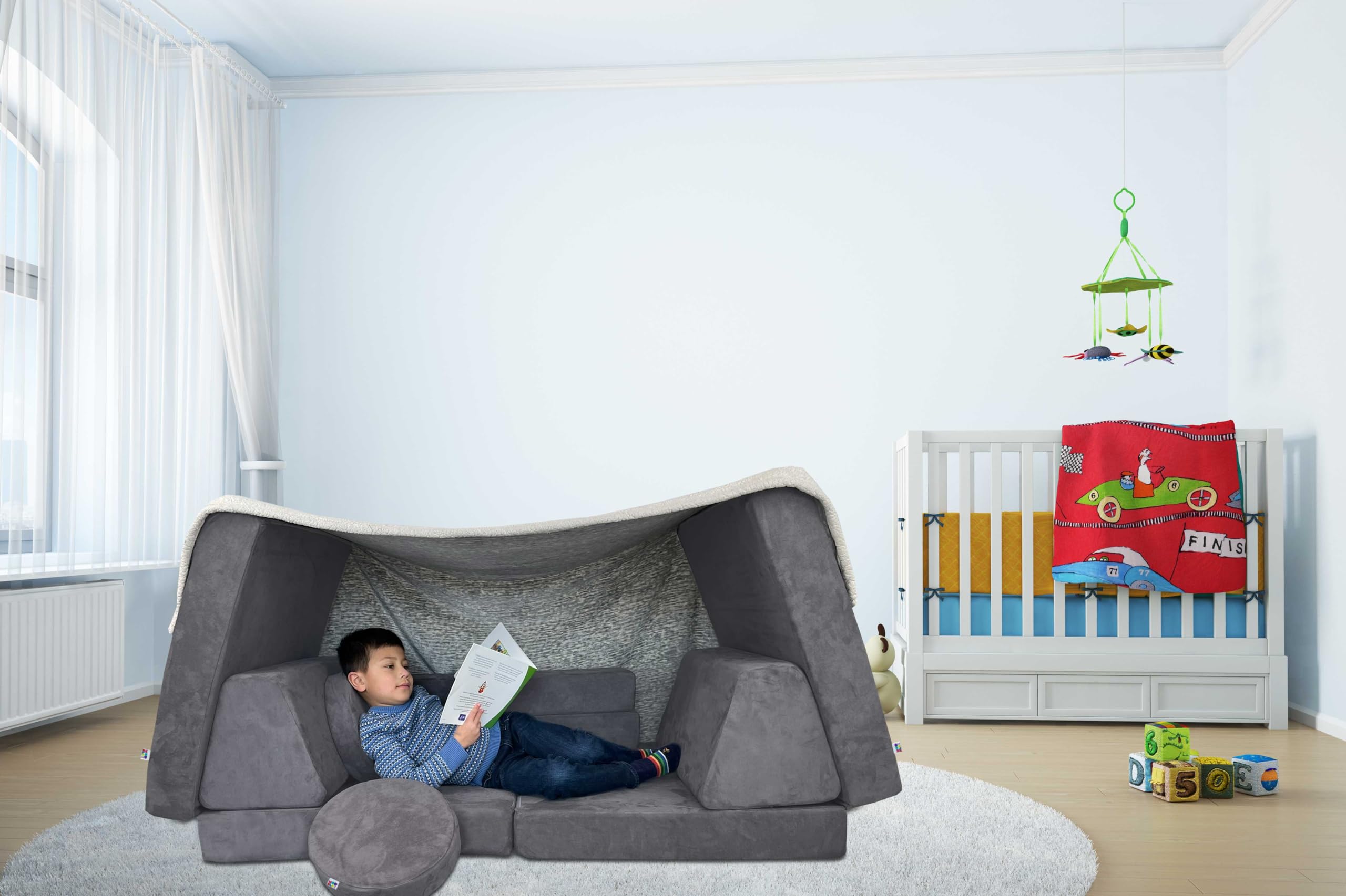 Mod Blox 10 Piece Soft Modular Kids Play Couch for Boys and Girls | Child Sectional Fort Building Sofa for Toddlers Playroom with Microsuede Covers + High Density Convertible Foam Cushions (Dark Gray)
