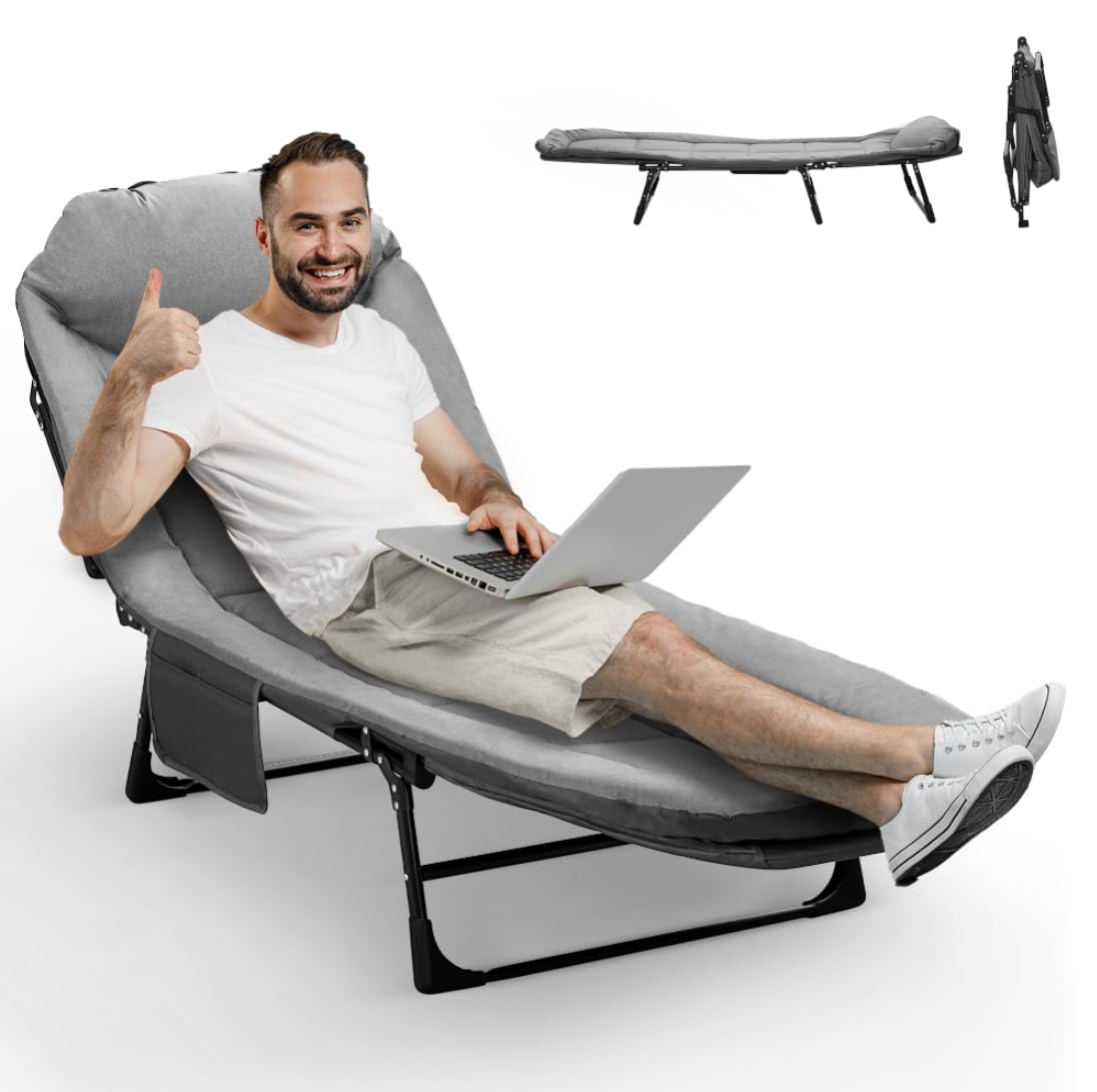 STARBRILLIANT Adjustable Folding Chaise Lounge Chair with Mattress, Folding Portable Sleeping Adults Cots Perfect for Sunbathing, Camping, Pool, Beach, Patio (Grey)