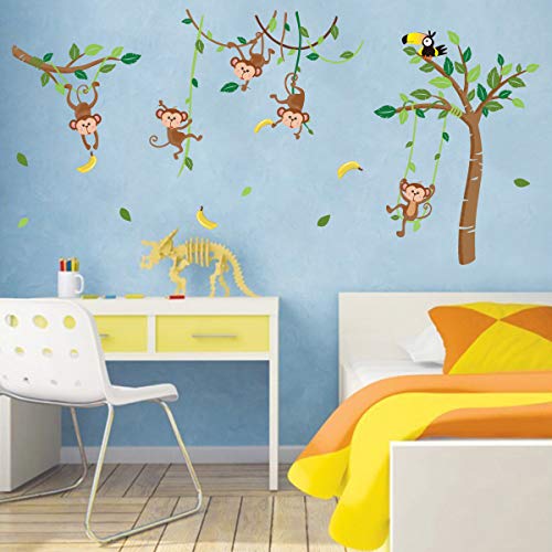 Runtoo Monkey and Tree Wall Decals Animals Jungle Wall Stickers TV Wall Décor for Baby Nursery Kids Bedroom