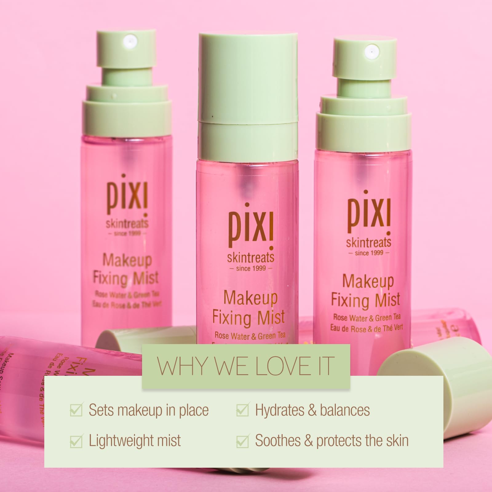 Pixi Beauty Makeup Fixing Mist 80ml, All Over Setting Spray For Longer Wearing Makeup, Rose Water and Green Tea Infused, 2.69 Fl Oz