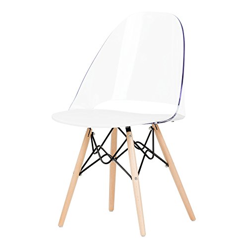 South Shore Annexe Mid-Century Modern Eiffel Office Chair, Wooden Legs, Clear and White 19.5D x 16.25W x 32.5H in