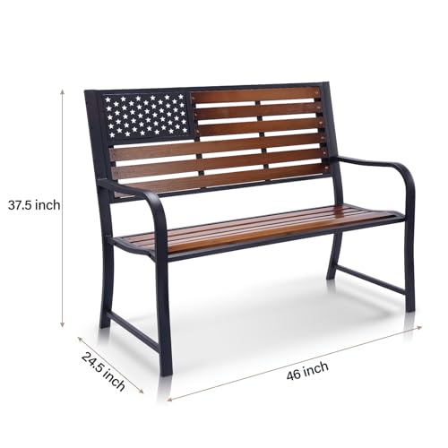 Metal American Flag Patio/Porch Bench with Wooden Slats - 46" Width, 24" Deep Seat
