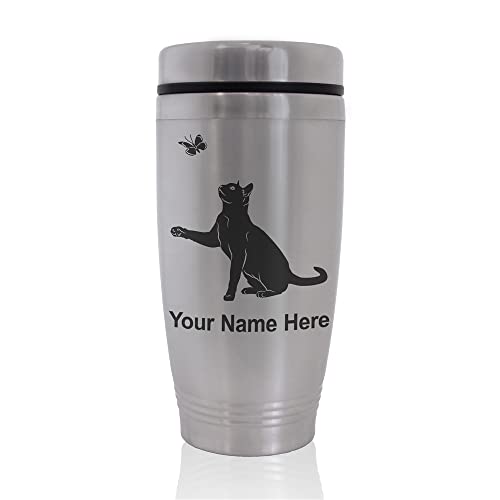 SkunkWerkz Commuter Travel Mug, Cat with Butterfly, Personalized Engraving Included