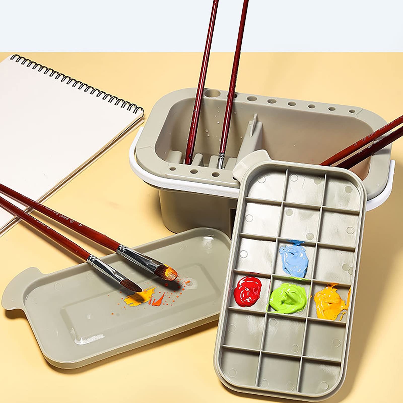 Multi-Use Paint Brush Basin with Brushes Holder, Multifunctional Three-piece Bucket, Washer, Trays, Palette Box, Artist Cleaner Cup for Watercolor Oil Gouache Painting with Lid, Paint Wash Pen Holder