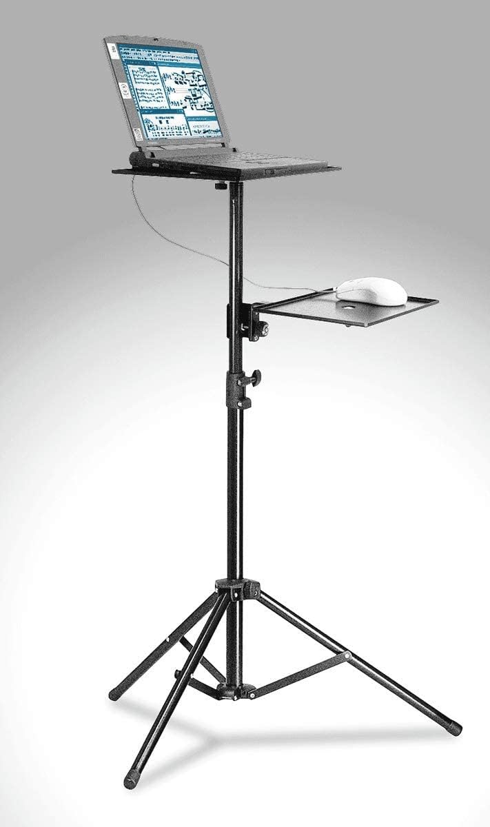 K&M Konig & Meyer 12150.000.55 Laptop Projector Stand |Tripod w/Cross Brace Legs | Clamp-On Mouse/Phone Tray | Height Adjustable | Ergonomic | Folds Compact | Portable | German Made | Black
