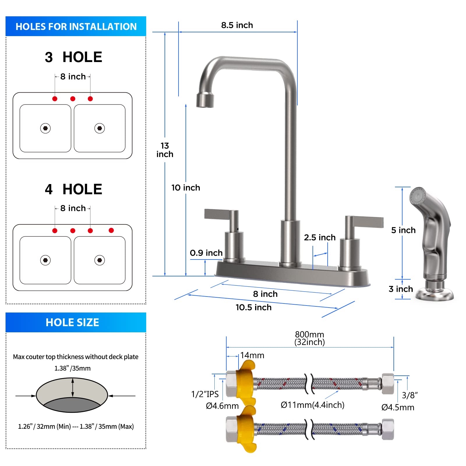 Kitchen Faucet with Sprayer,Brushed Nickel Kitchen Sink Faucet,3 Hole or 4 Hole Faucet for Kitchen Sink,Stainless Steel 2 Handle Kitchen Faucet with Side Sprayer,4 Hole Kitchen Faucets