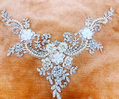 wtbv.n Handmade Crystal Peal Patches Sequins Rhinestones Ivory lace Trim Applique 38 * 28cm for Dress Skirt