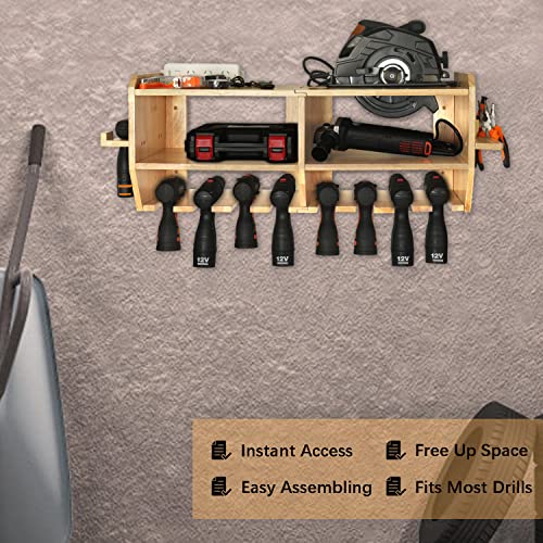 simesove Large Power Tool Organizer,Cordless Drill Holder Storage with 9 Tool Organizer Slots,Wall Mount Screwdriver and Circular Saw Storage,Solid Wooden Drill Charging Station for Garage,Father's Day Gifts