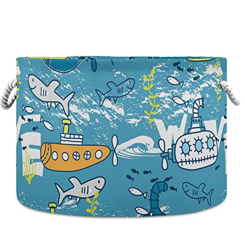 visesunny Funny Submarine Shark Blue Laundry Baskets Fabric Storage Bin Storage Box Collapsible Storage Basket Toy Clothes Shelves Basket for Bathroom,Bedroom,Nursery,Closet,Office