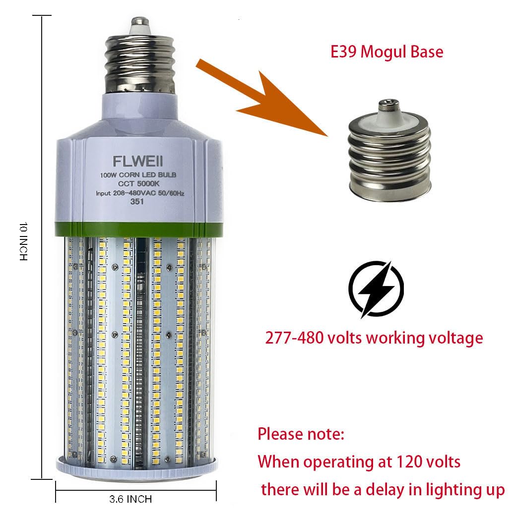 FLWEII LED Corn Light Bulb, 208-480V 100W E39 Mogul Base 5000K,14000 LM Replacement 400W HPS/MH for Indoor Outdoor Garage Warehouse Factory Backyard