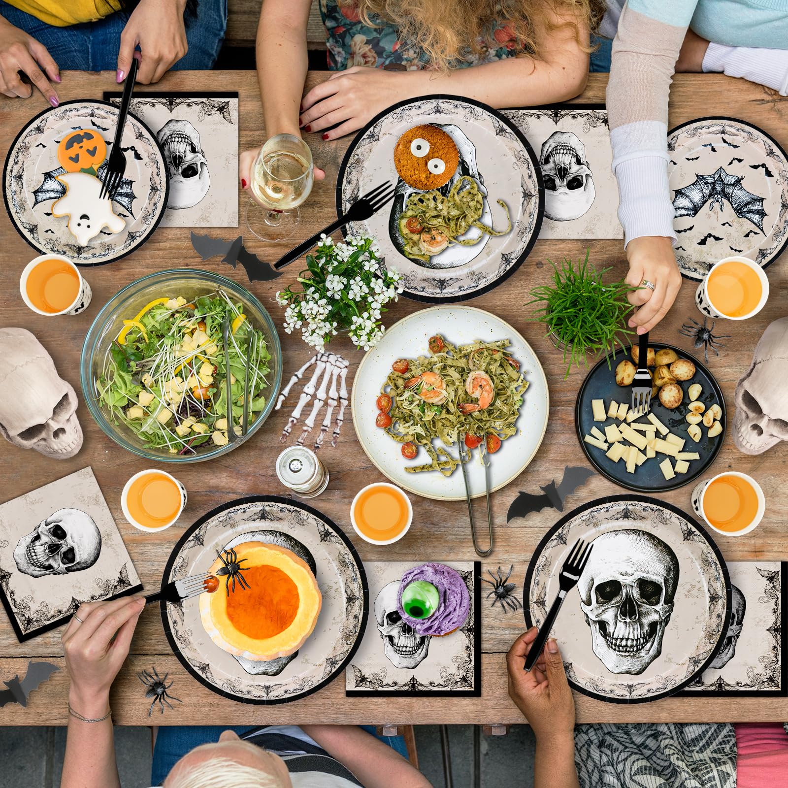 DYLIVeS Halloween Party Supplies Kit, Halloween Skull Bats Disposable Tableware, Includes Dinner Plates, Dessert Plates Napkins Cups Forks, Halloween Birthday Party Decorations Adults, Serve 24