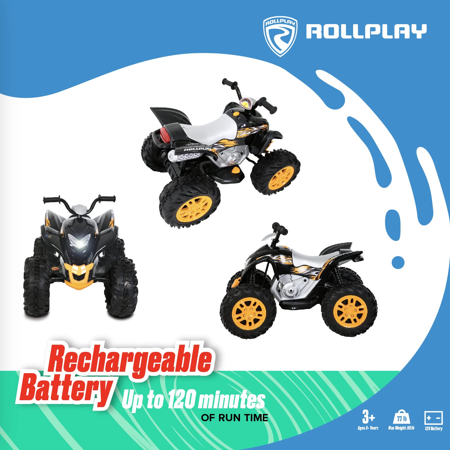 Rollplay Powersport ATV 12V Electric 4 Wheeler Featuring Oversized Wheels with Rubber Tire Strips for Added Traction, Working Headlights, and a Top Speed of 3 MPH, Black/Yellow