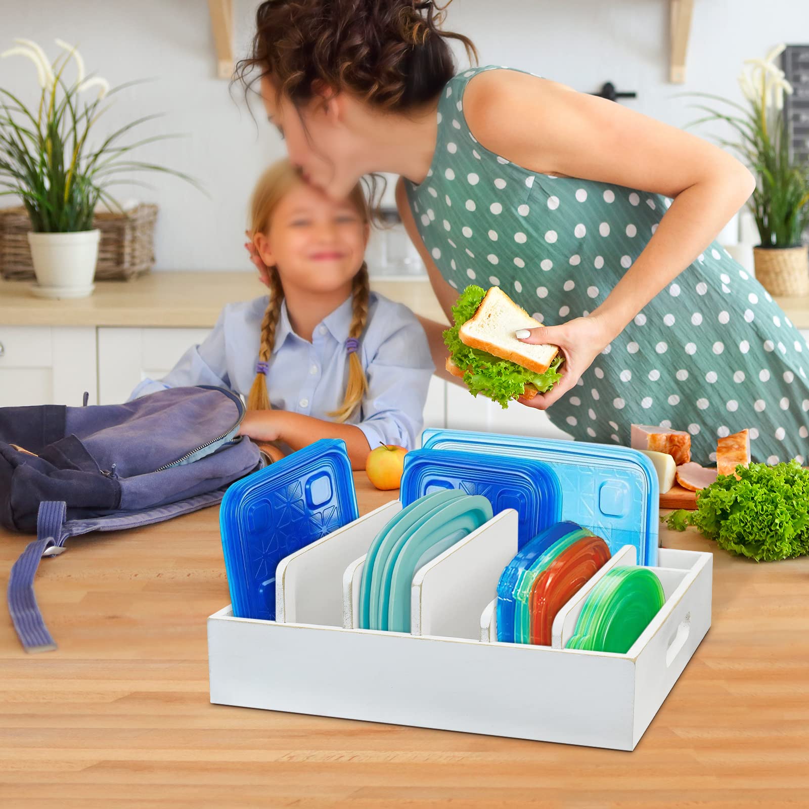 Lid Organizer for Plastic Lids, Food Containers Lid Organizer for Cabinet, Large Capacity Lid Holder Includes 5 Adjustable Dividers and 1 Big Divider, Wood Kitchen Cabinet Lid Organizers for Drawer
