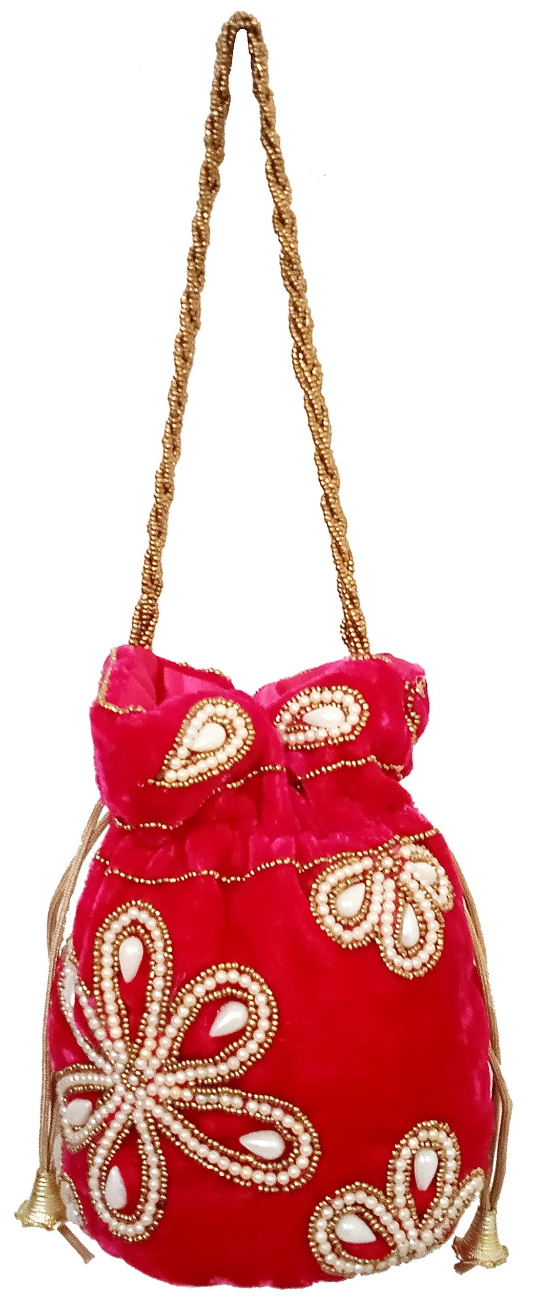 Purpledip Chenille Potli Bag (Clutch, Drawstring Purse): Intricate Bead Work Satchel Handbag, Pink (12396D)