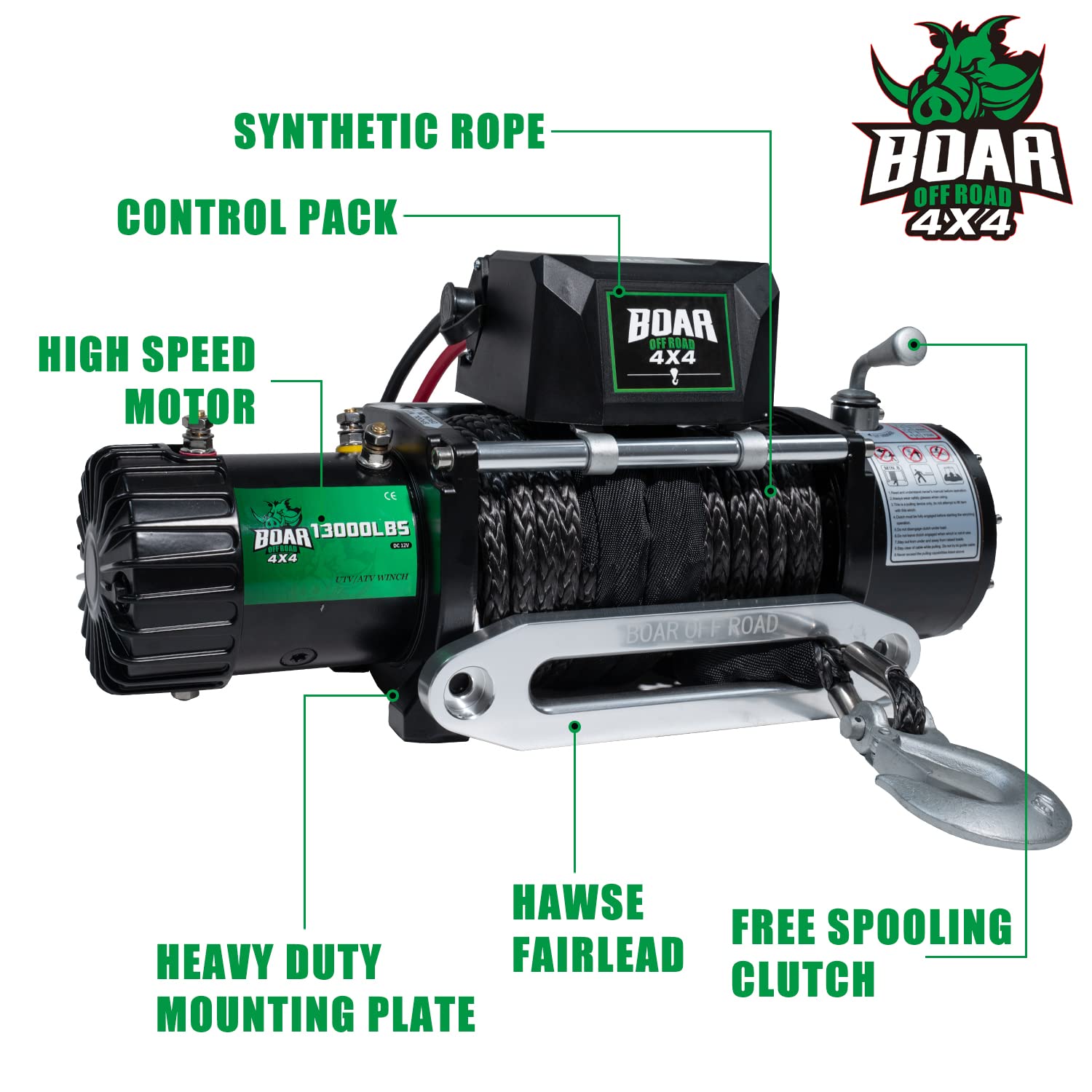 OFF ROAD BOAR 13000 Lb Winch, Electric Winch 12V with Synthetic Rope, Roller Fairlead, Waterproof IP67 ATV UTV Jeep Winches with Wireless Remote and Wired Control